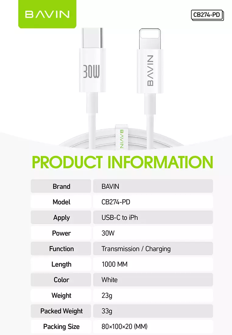 Buy BAVIN CB274 30W Type-C to iPh Data Cable Fast Charging & Data ...
