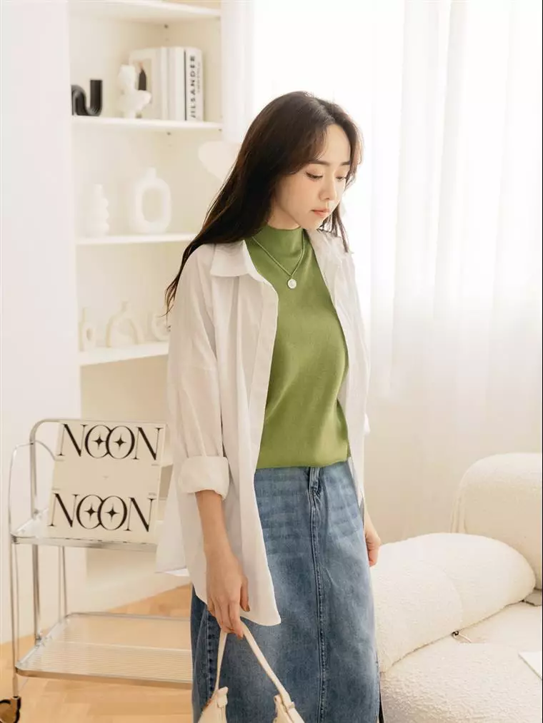 Buy OBSTYLE Flexible Knit Solid Color High Neck Drop Shoulder Short Sleeve Top [FA2740] Online ...