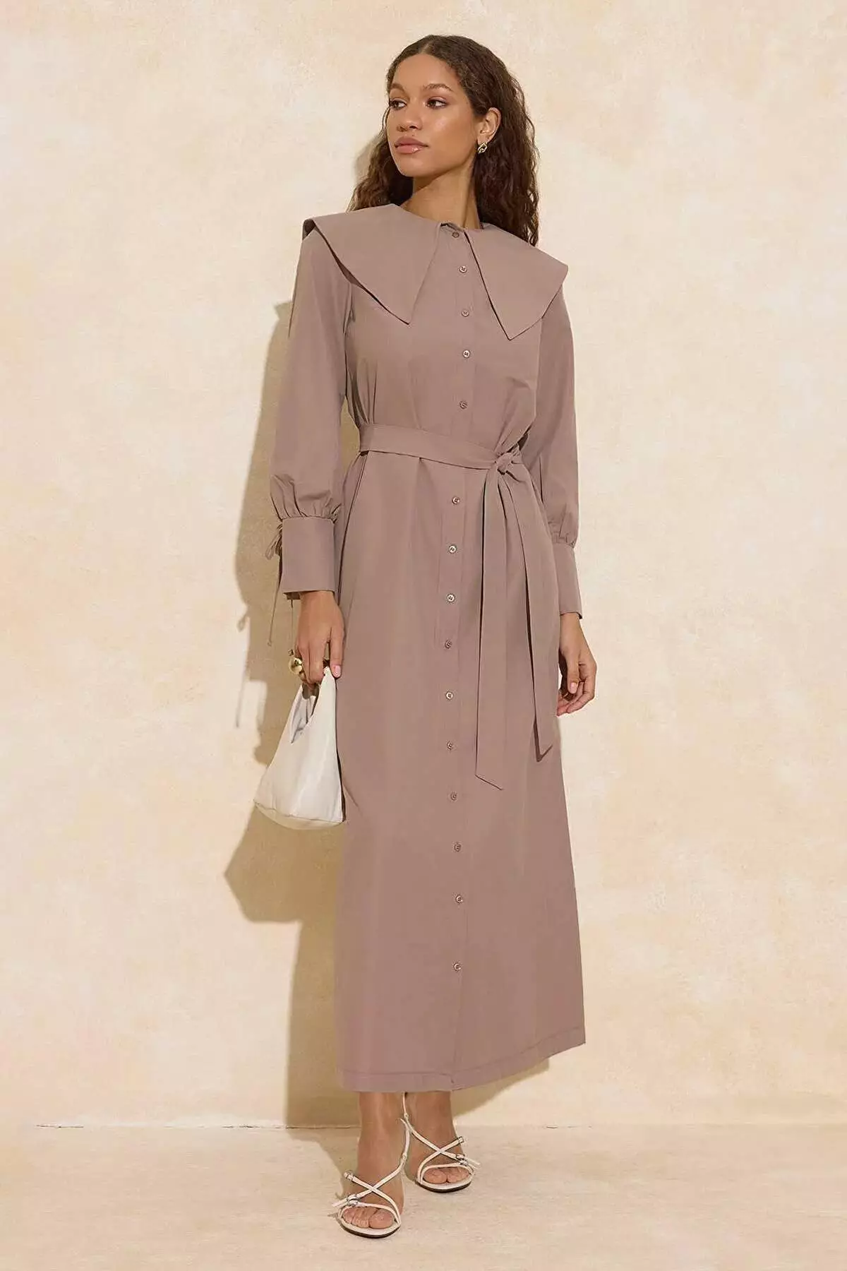 Buy Trendyol Mink Large Collar Cuff Lace-Up Cotton Dress Tctss26Eb00001 ...