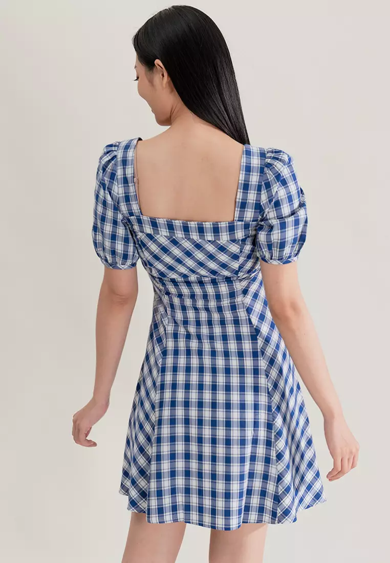 Plain B. Plain B. Square Neckline Plaid Mini Dinner Dress Blue 2024 ...