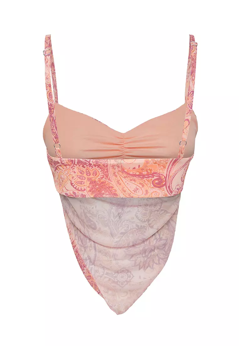 Buy Trendyol Ecru Printed Back Cross Strap Asymmetrical Hemline Tulle ...