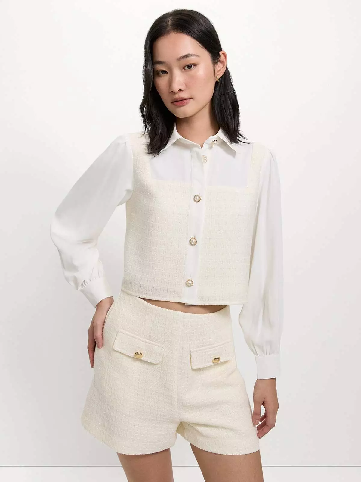 Jual POMELO FASHION Tweed Pearl Button Top - Ivory Original 2025 ...