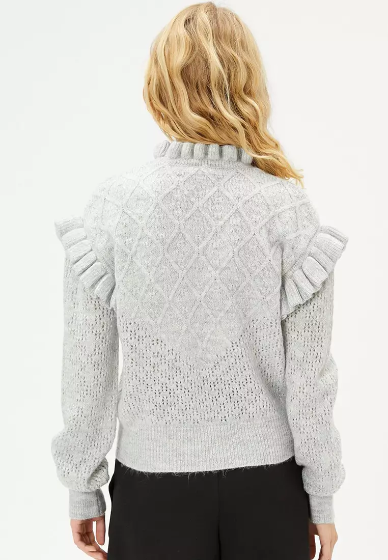 Buy KOTON Frilly Knit Openwork Sweater Soft Textured Stand Collar ...