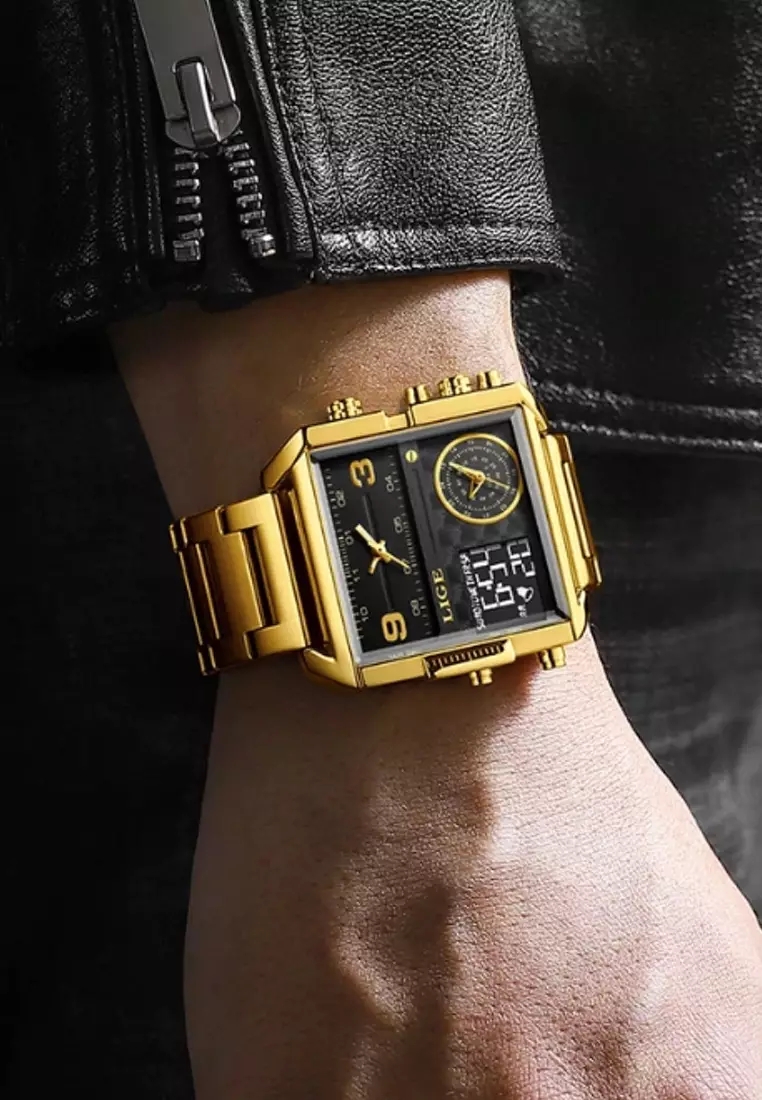 Buy LIGE LIGE Hollow Square Two Time Zones Unisex IP Gold Stainless ...