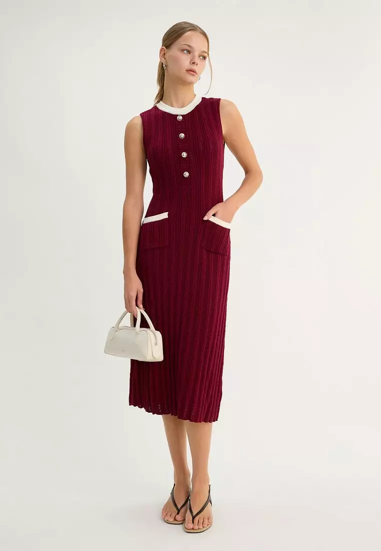 Buy Pomelo Knit Midi Dress with Contrast Trim - Burgundy 2026 Online ...