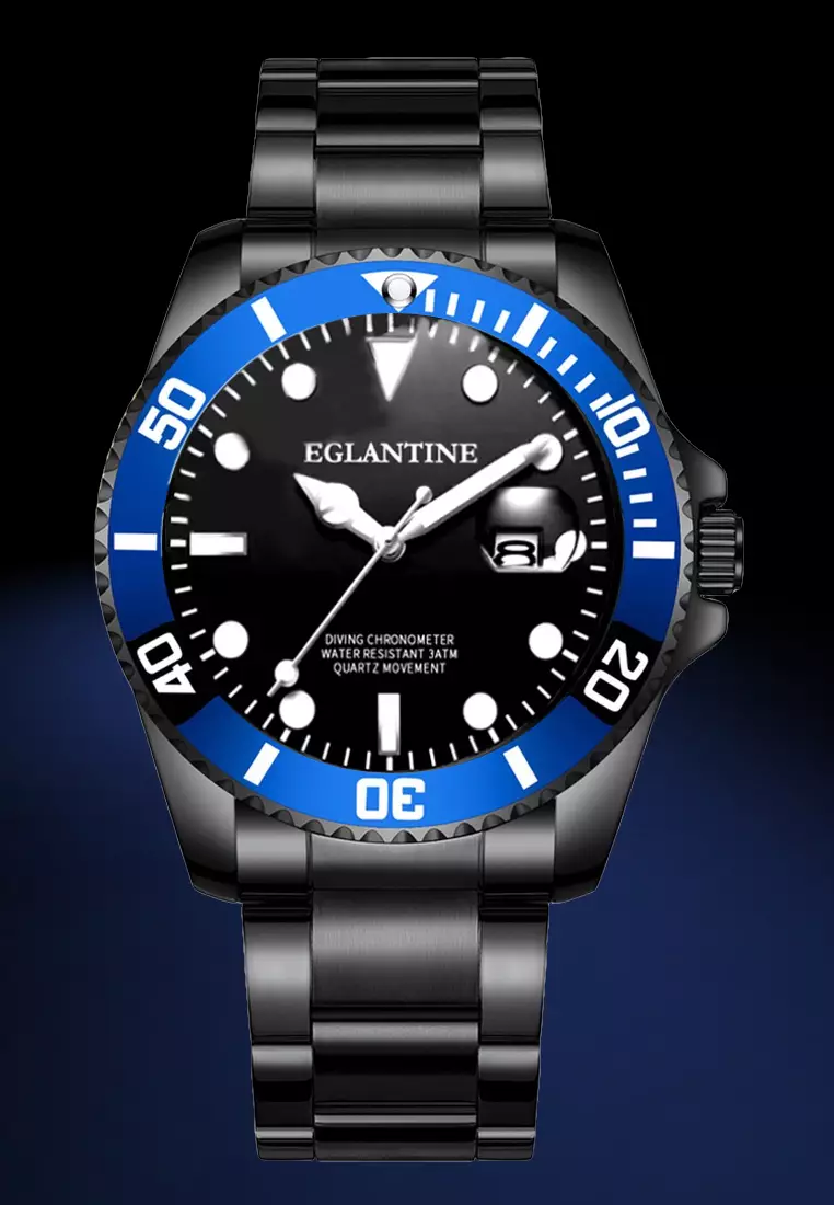 Buy EGLANTINE Diver's Watch, IP Black Metal Case and Bracelet, Black ...