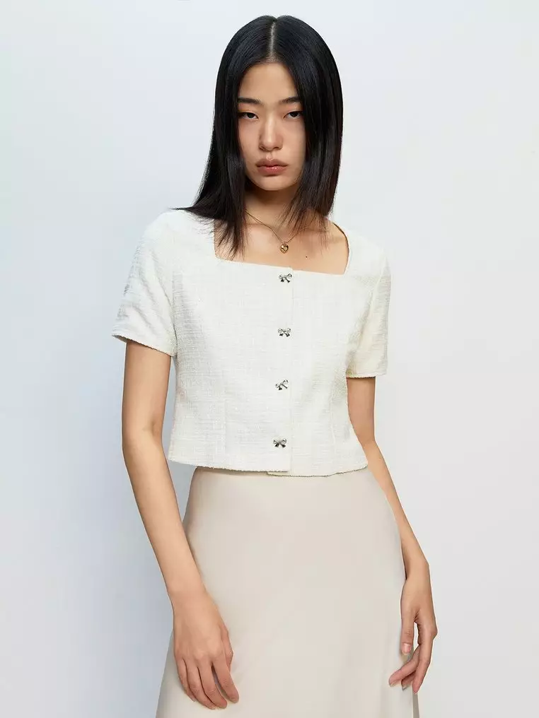 Buy Pomelo Tweed Woven Blouse - Beige Online | ZALORA Malaysia