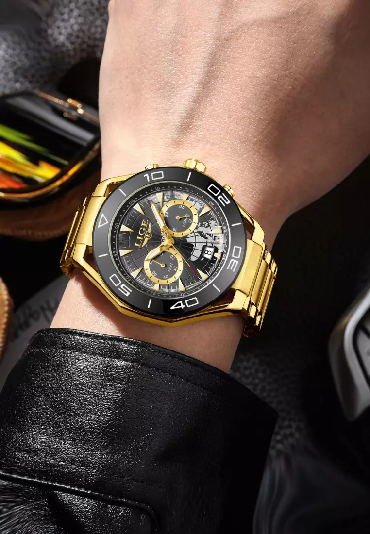 Buy LIGE Chronograph Unisex IP Gold Color Stainless Steel Quartz Watch ...