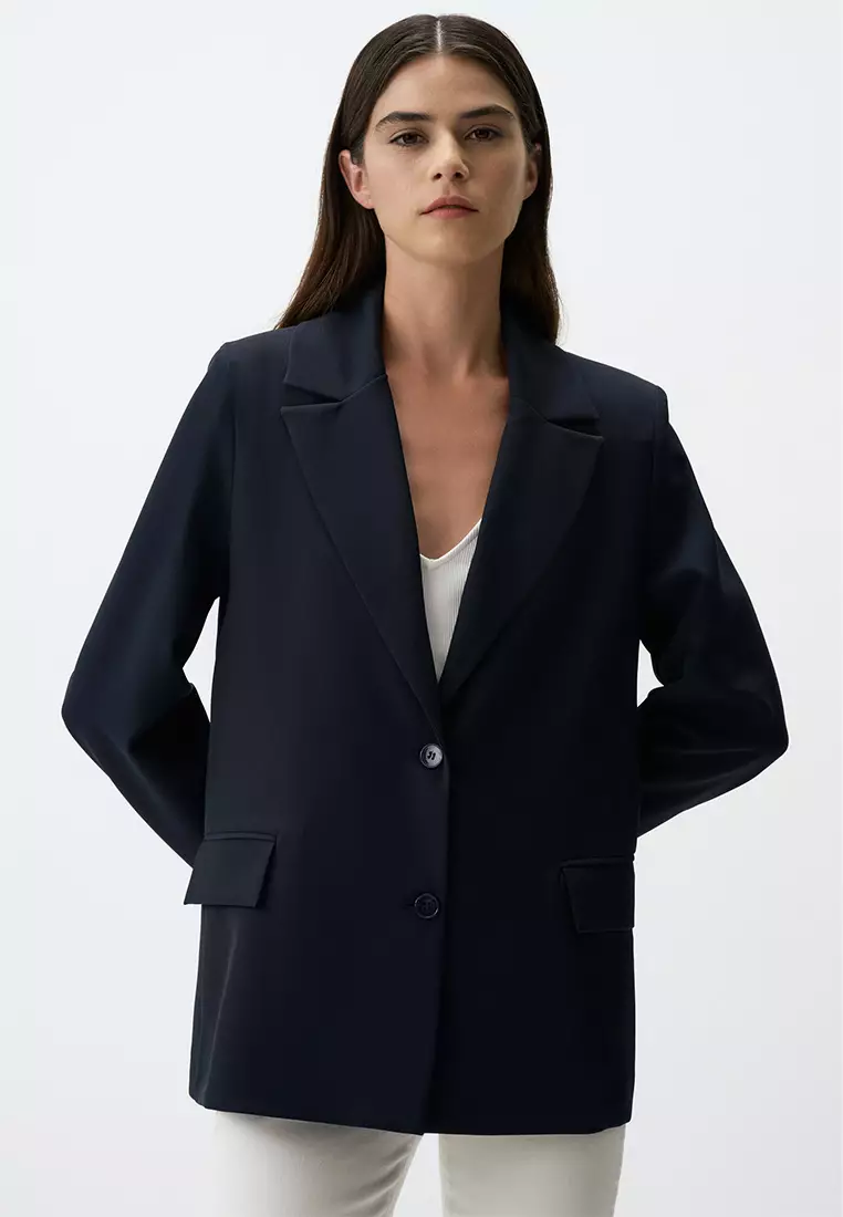 Jimmy Key Jimmy Key Navy Blue Straight Cut Long Sleeve Blazer Jacket ...