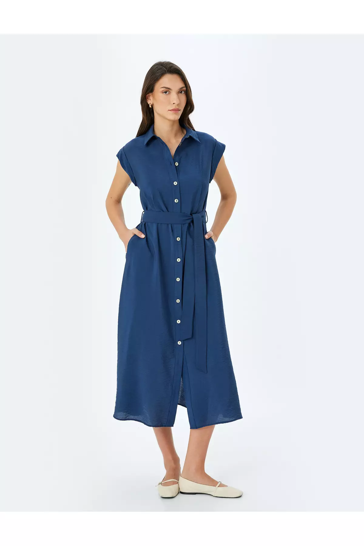 Buy KOTON Buttoned Belted Pocket Sleeveless Midi Length Shirt Dress ...