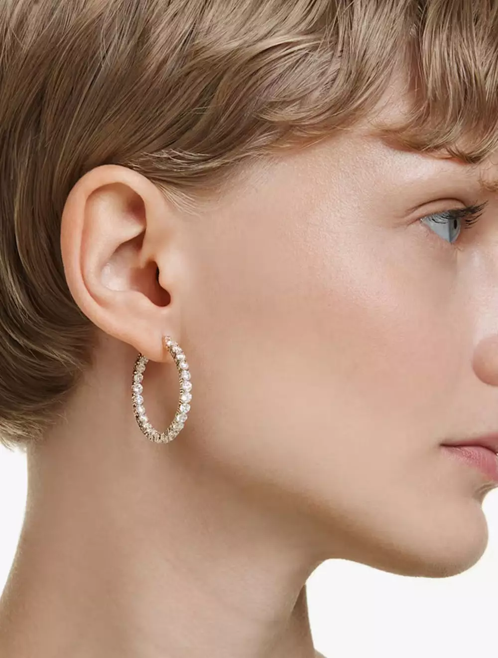 Jual Swarovski Matrix hoop earrings, Round cut, White, Gold-tone plated ...
