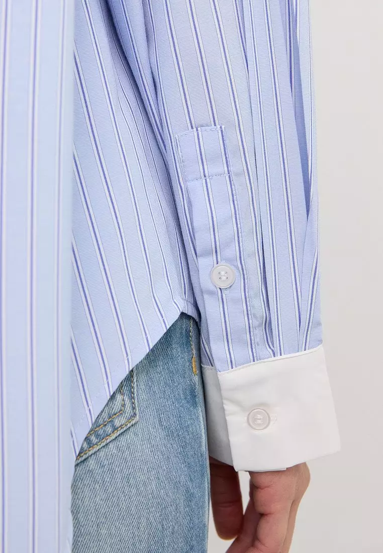 Buy Pomelo Oversized Pinstripe Shirt with Flower Necktie - Aqua Blue ...