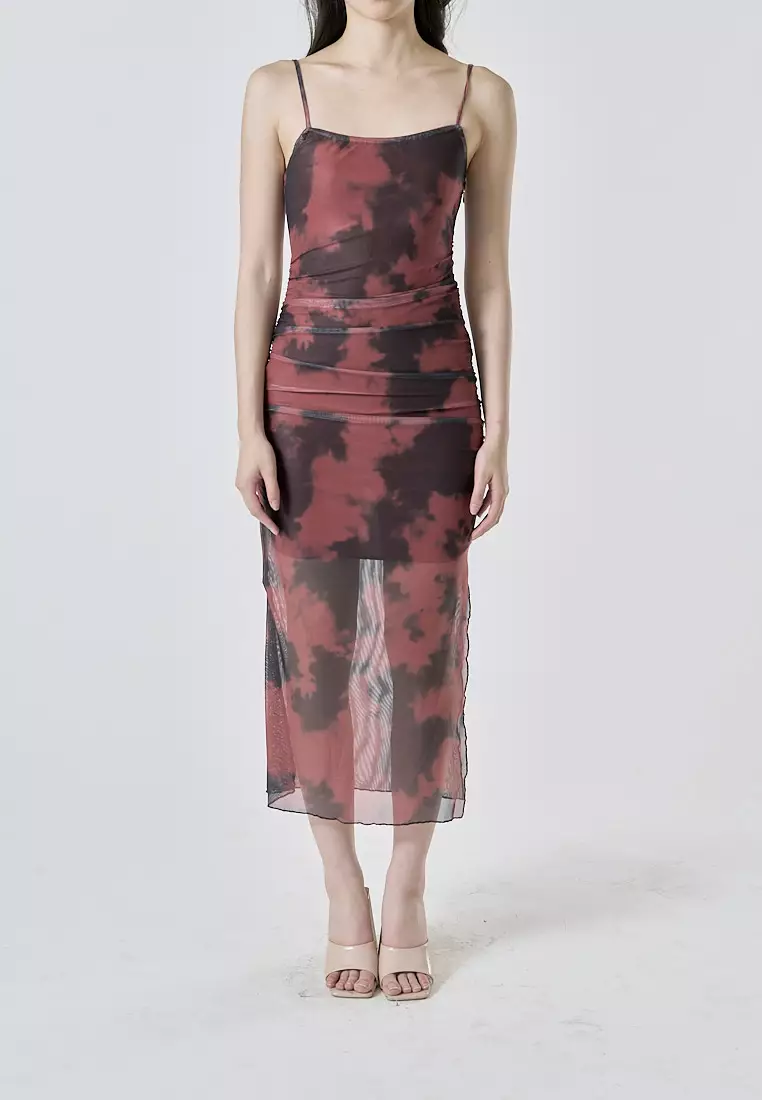 Buy Love, Ara Lanna Multi Color Print Mesh Ruched Cami Midi Dress 2025 ...