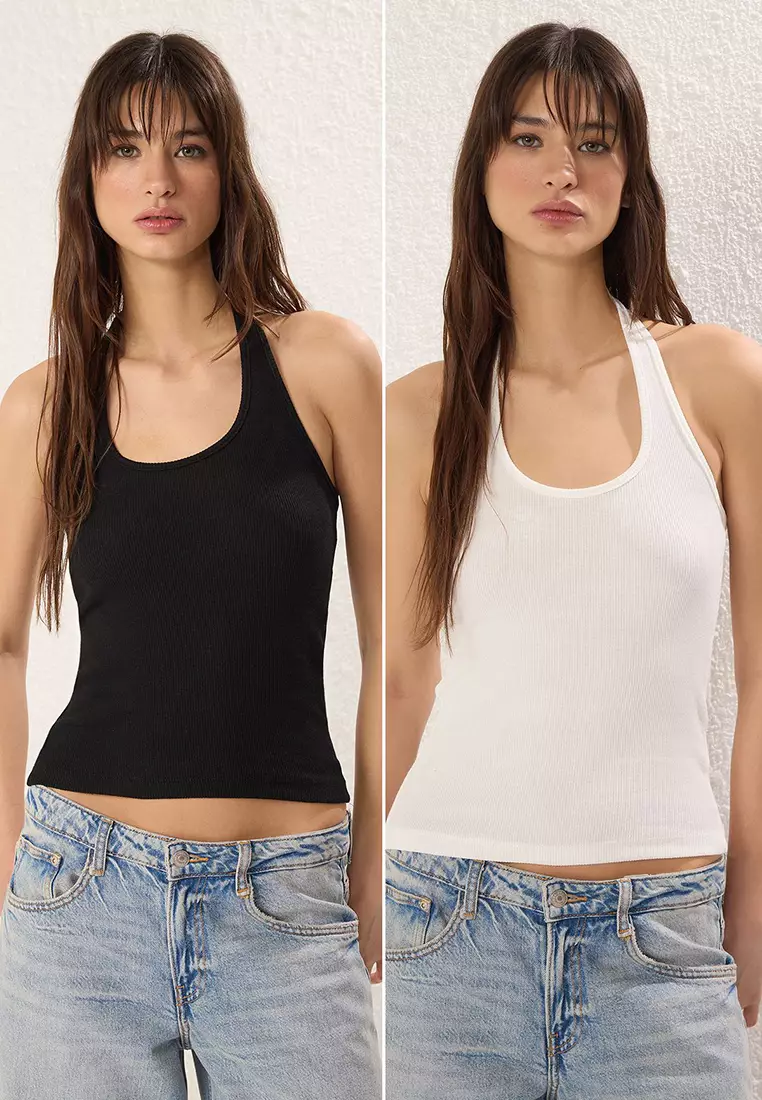 Buy Trendyol Black-Ecru 2-Pack Pool Neck Body-Sitting Fitl Flexible ...