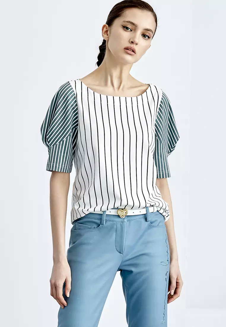 Buy iROO Stripe Top With Origami Sleeve Detail 2024 Online | ZALORA ...