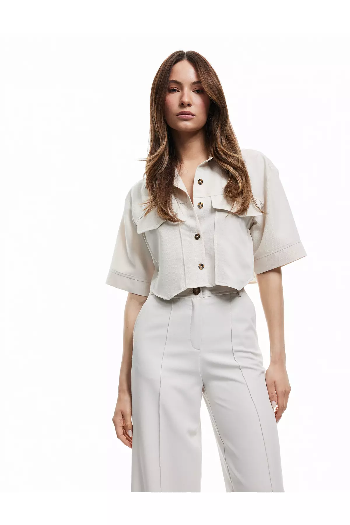 Buy KOTON Modal Fabric Pocket Short Sleeve Asymmetrical Cut Crop Shirt ...