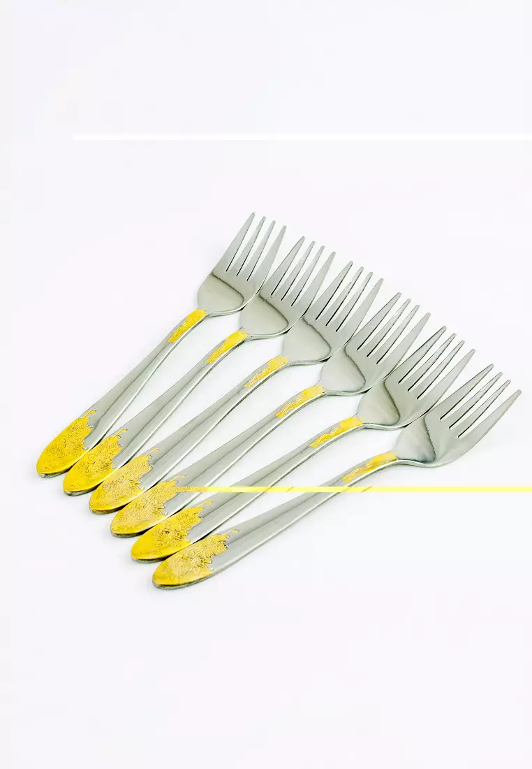 Buy QUEENS Queens 6 Pcs Stainless Steel Tea Fork - Satin Gold Leaves ...