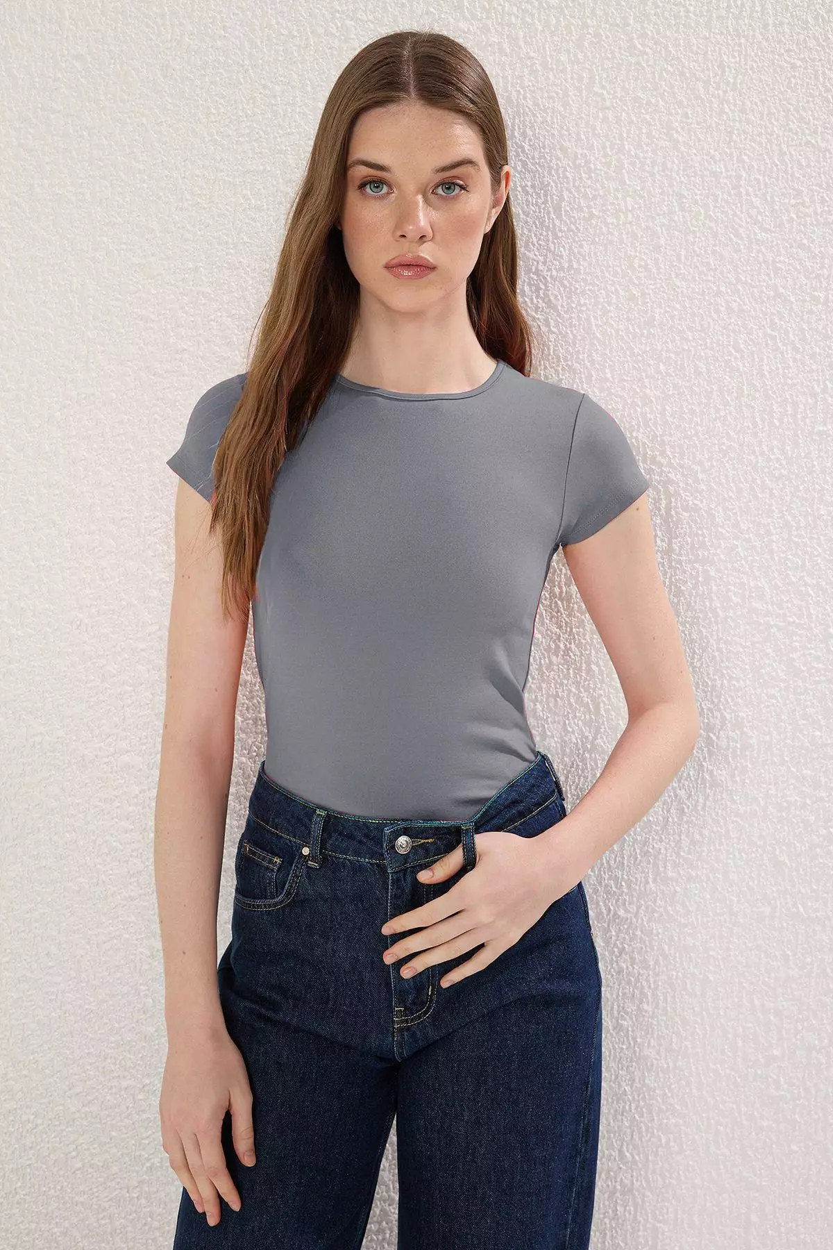 Buy Trendyol Grey Polyamide Short Sleeve Crew Neck Fitted/Body ...