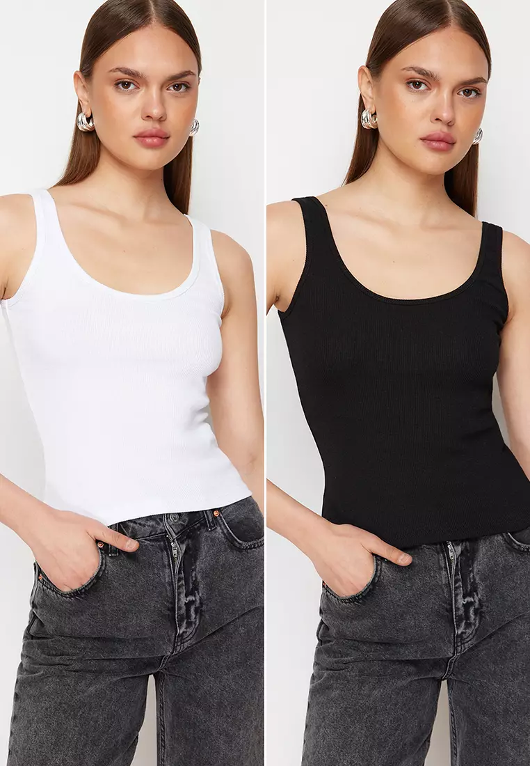 Buy Trendyol Black And White Fitted Pool Neck Ribbed Flexible Knit ...