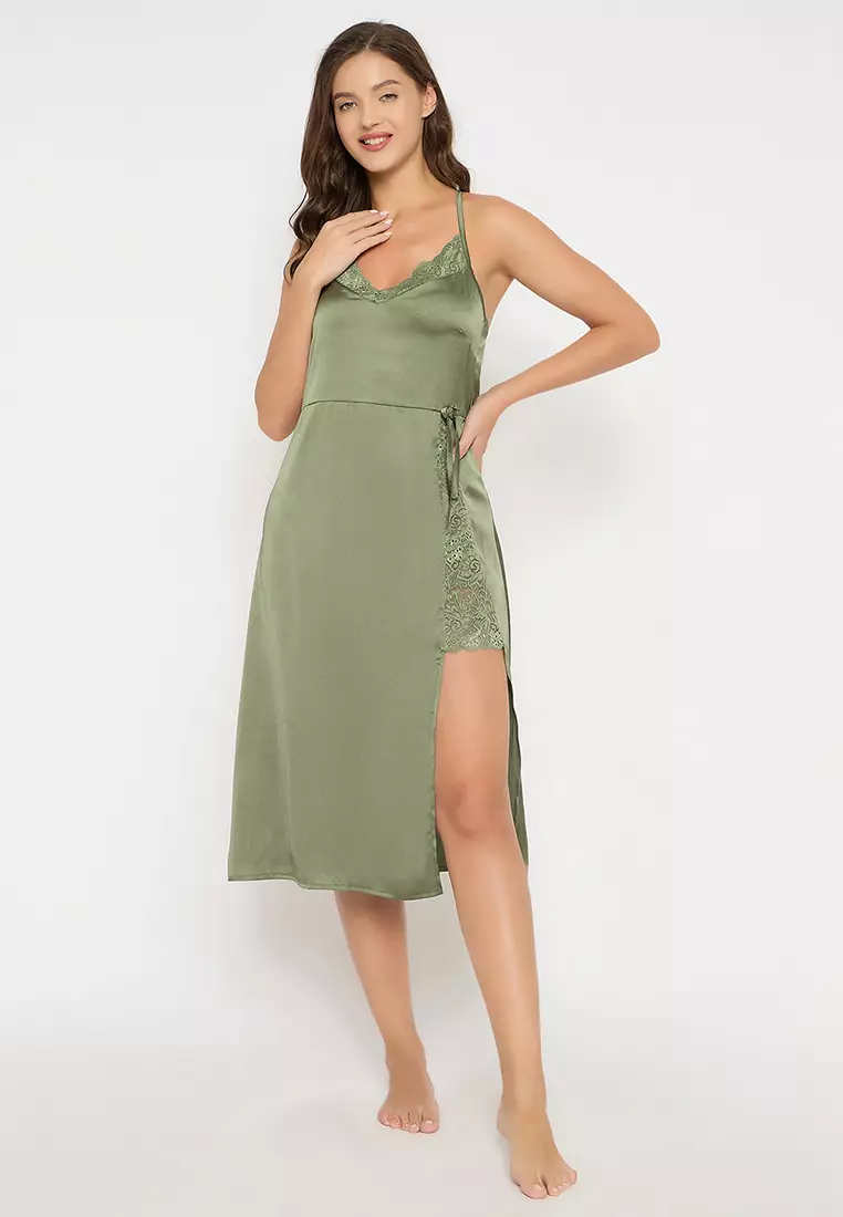 網上選購 Clovia Clovia Chic Basic Long Night Dress in Olive Green- Satin ...