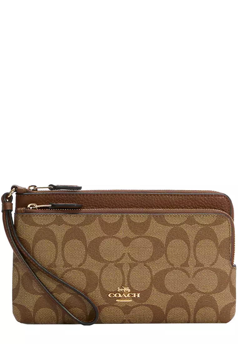 線上選購 Coach Coach Double Zip Wallet In Signature Canvas in Khaki/ Saddle ...