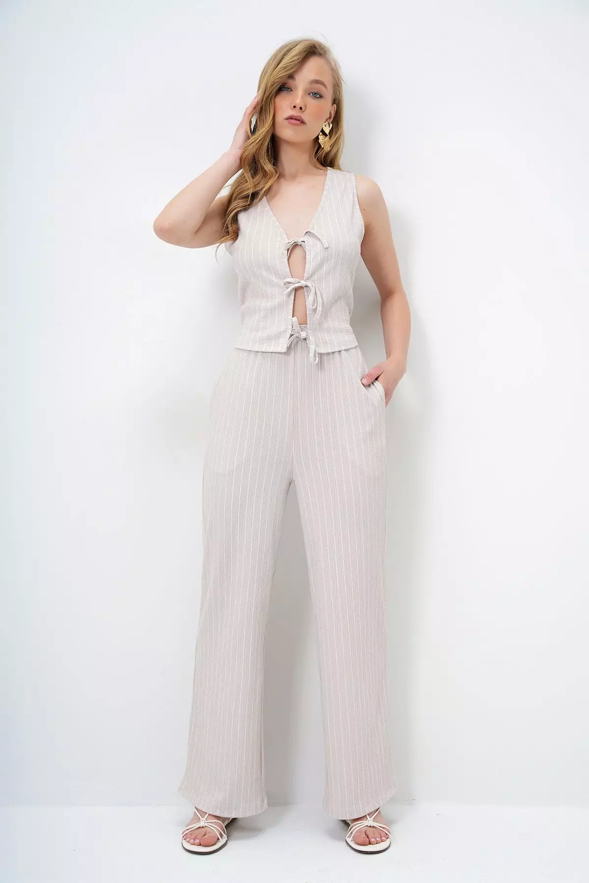 Buy Alacati Women's Stone Lacing Detailed Openwork Vest And Double ...