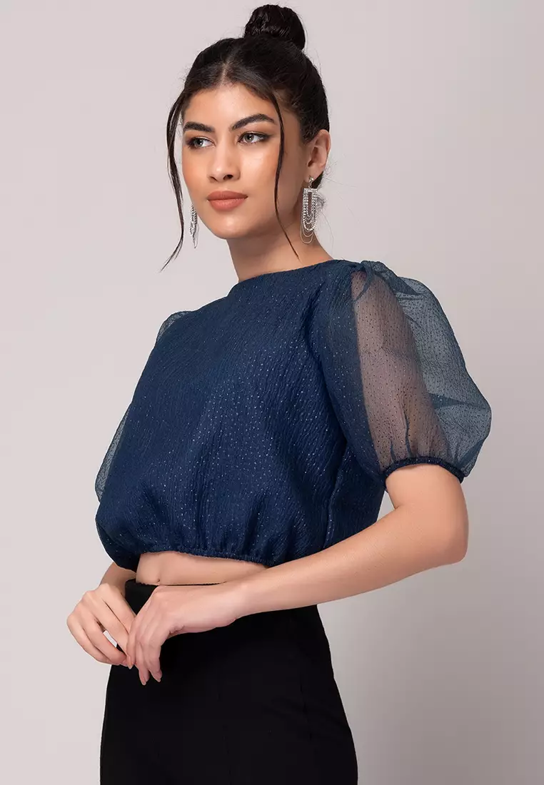 Buy FabAlley Blue Puff Sleeve Crop Top 2025 Online | ZALORA