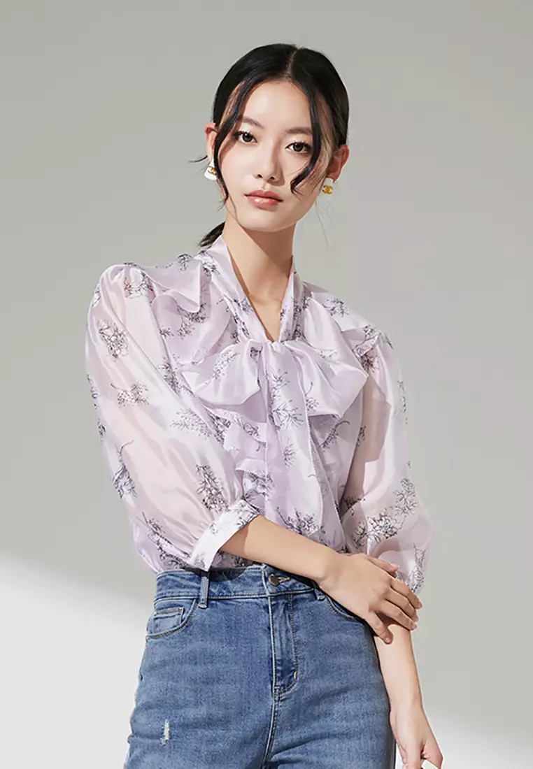 Buy Hopeshow Floral Chiffon Blouse with Front Ribbon Tie Online ...