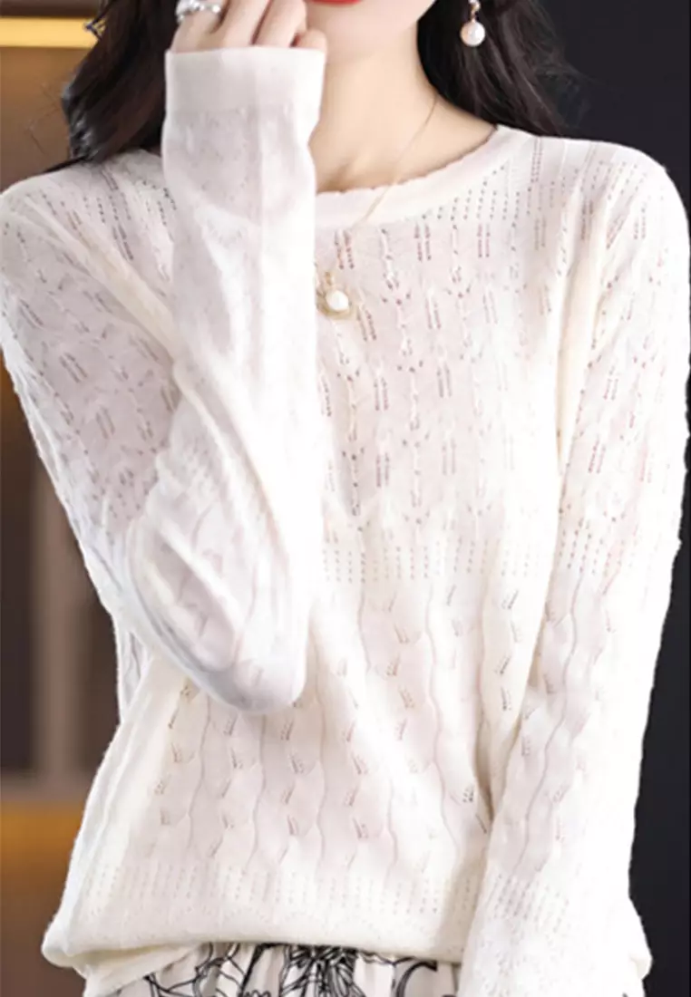 HAPPY FRIDAYS Artificial Wool Hollow Out Pattern Long Sleeves Pullover ...