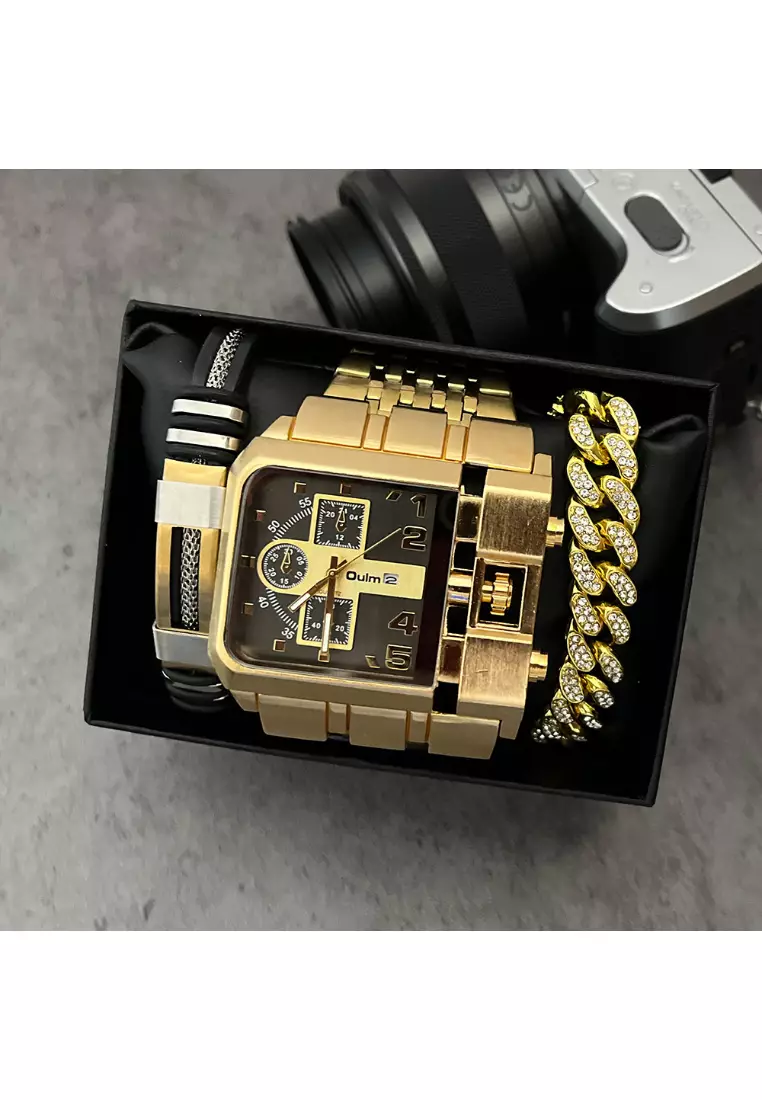 Buy OPCHIC Men's Multi-time Zone Large Dial Luminous Quartz Steel Band ...