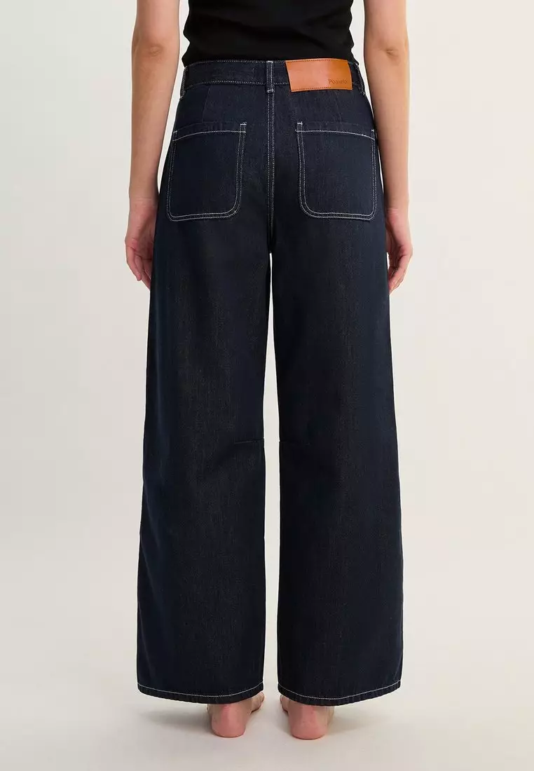 Buy Pomelo Mid Waist Wide Leg Denim Pants - Blue 2026 Online | ZALORA