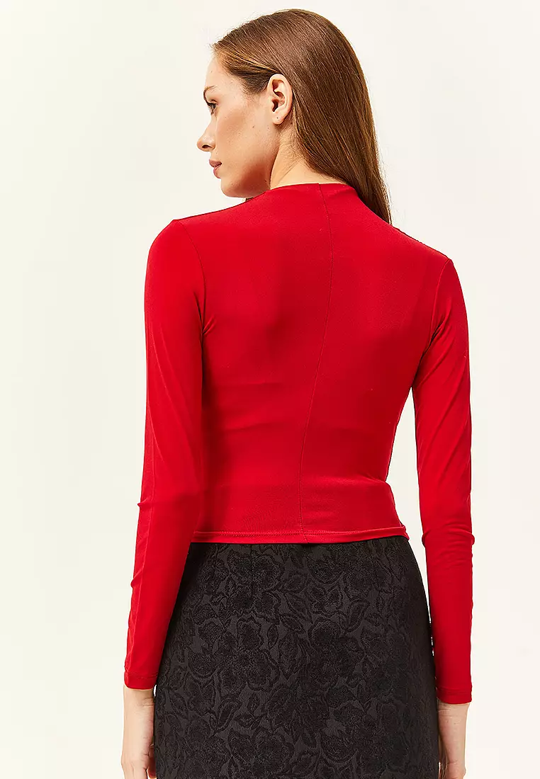 Buy Olalook Red High Collar Lycra Blouse With Gather Detail 2024 Online