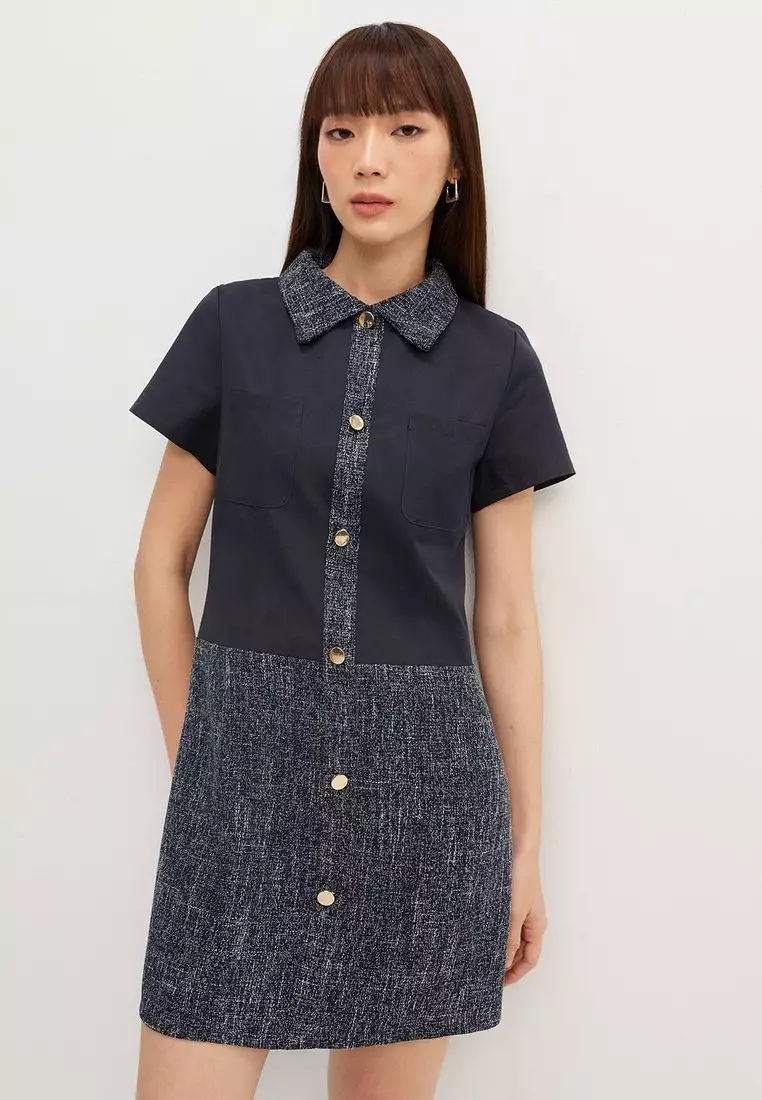 Buy Pomelo Buttoned Tweed Dress - Navy 2025 Online | ZALORA