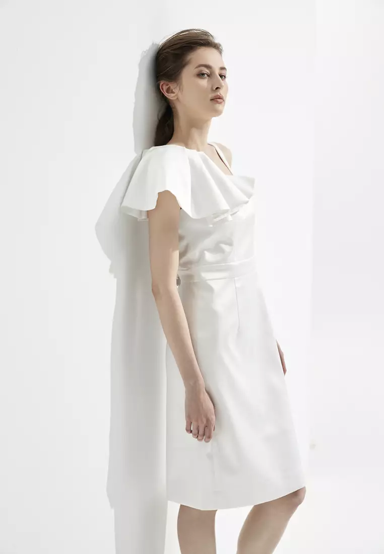 Buy iROO Asymmetric Flounce Neckline Short Dress 2025 Online | ZALORA