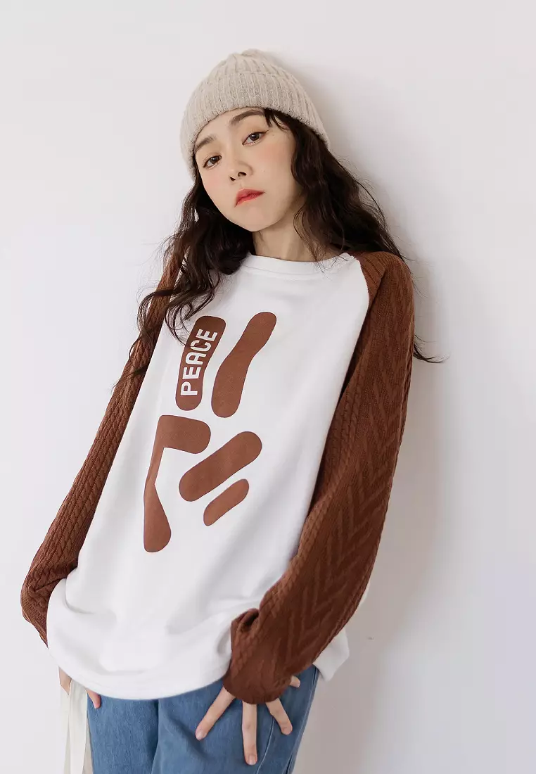 Buy OBSTYLE Textured Raglan Sleeve Printed Long Sleeve Top [AB19207 ...