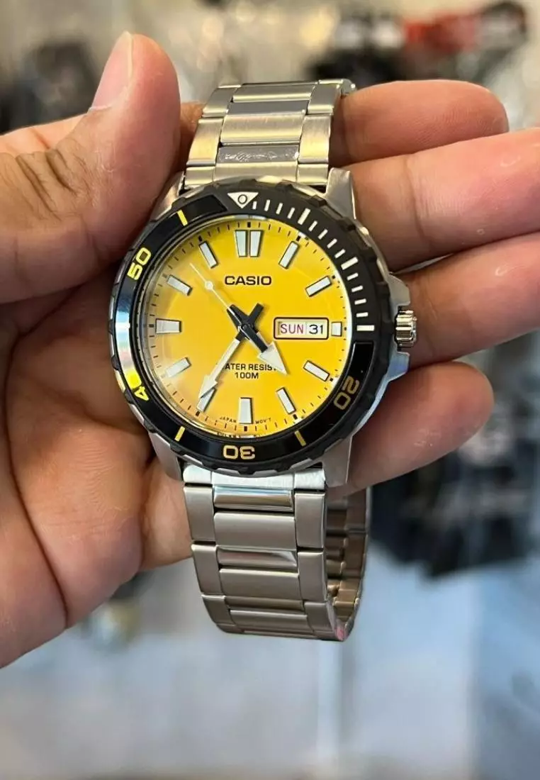 Buy CASIO Casio General Yellow Dial Silver Stainless Steel Strap Men ...
