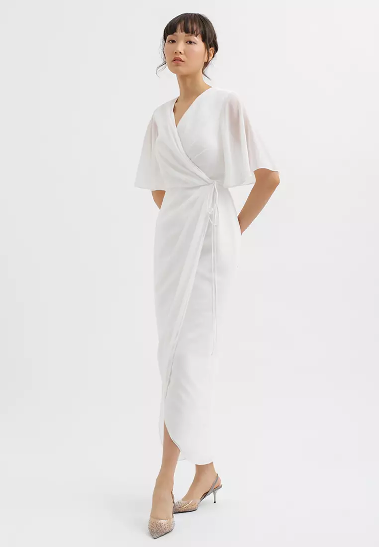 Jual Cloth Inc Drapery Sleeve Overlap Tulip Midi Dress in White ...