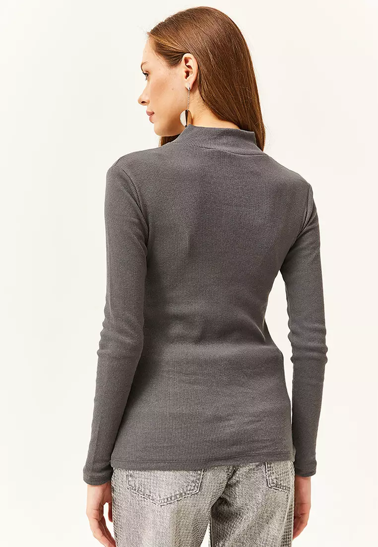 Buy Olalook Anthracite Zippered Turtleneck Lycra Blouse Online Zalora