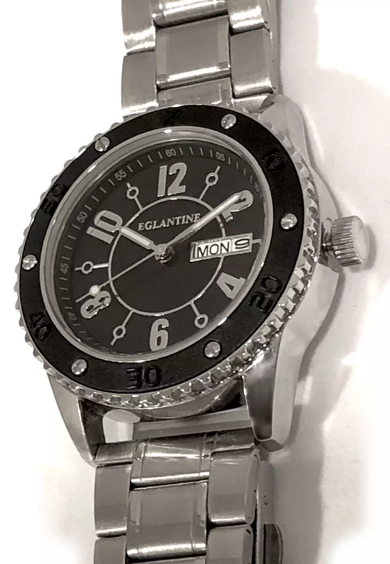 EGLANTINE DAY/DATE Unisex Steel Quartz Watch Black Dial on Steel ...