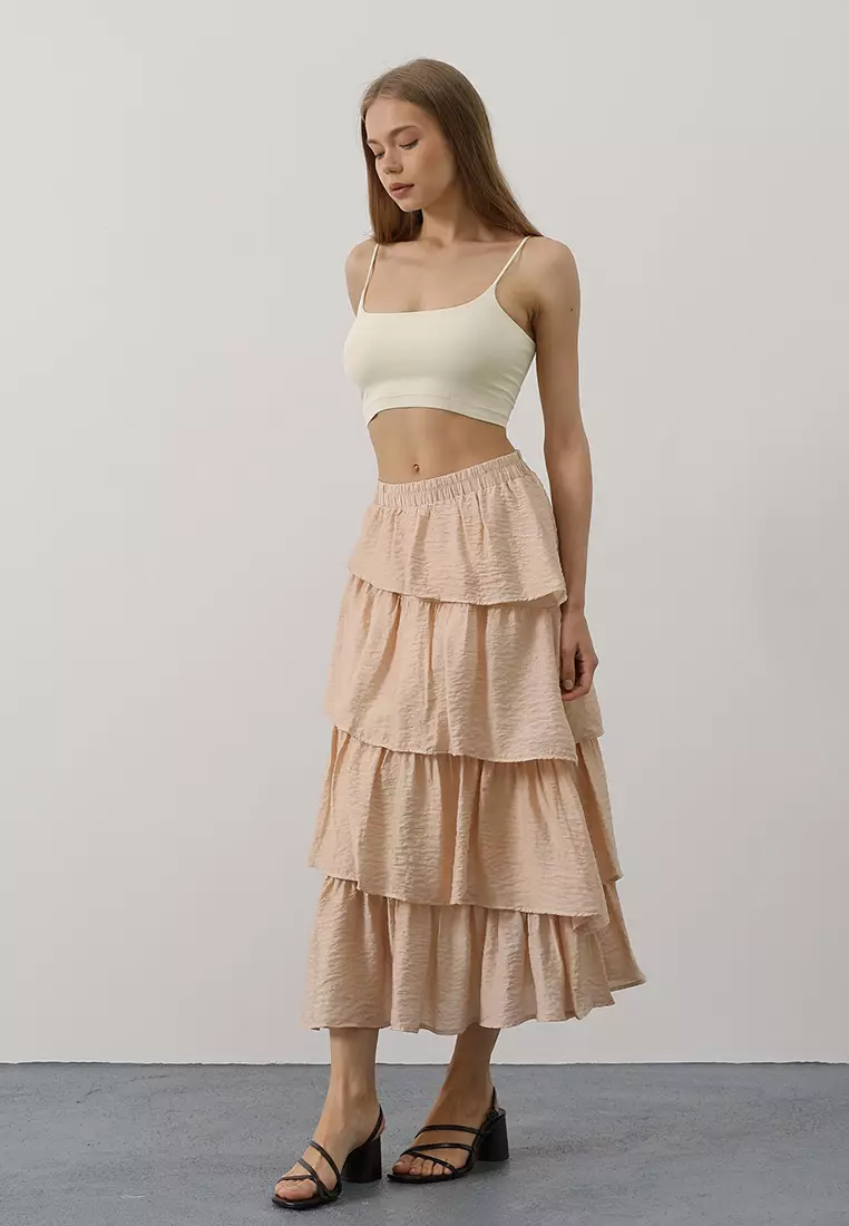 Buy Trendyol Stone Skirt Layered Ruffle Textured Maxi/Long Woven Skirt ...