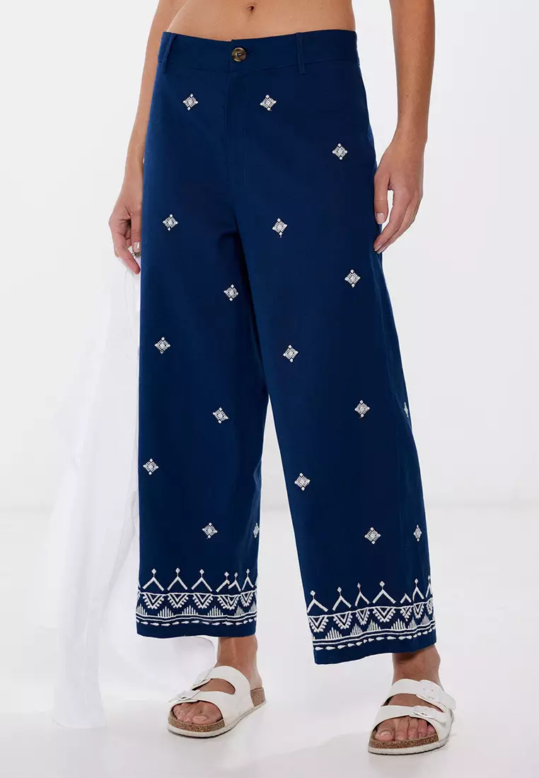 Buy Springfield Embroidered Cotton Linen Pants 2025 Online | ZALORA ...