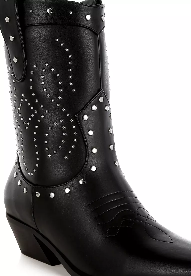 Buy London Rag Studded Embroidery Cowboy Boots in Black 2025 Online ...