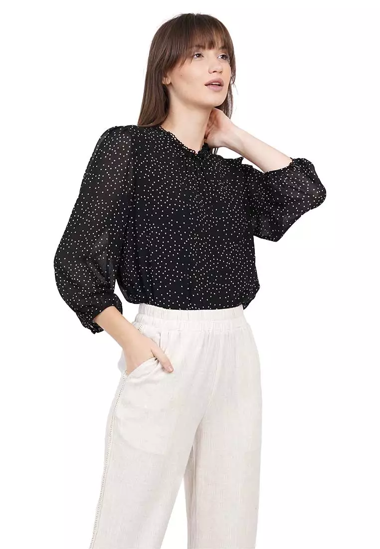 Buy NE Double S Round Neck Long Puff Sleeve Blouse with Polka Dot ...