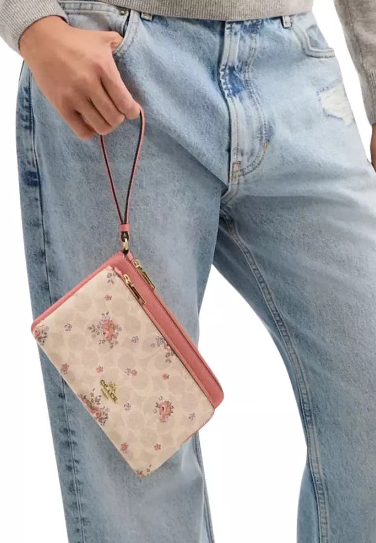 Buy Coach Coach Double Zip Wallet Signature Gold With Floral Print In ...