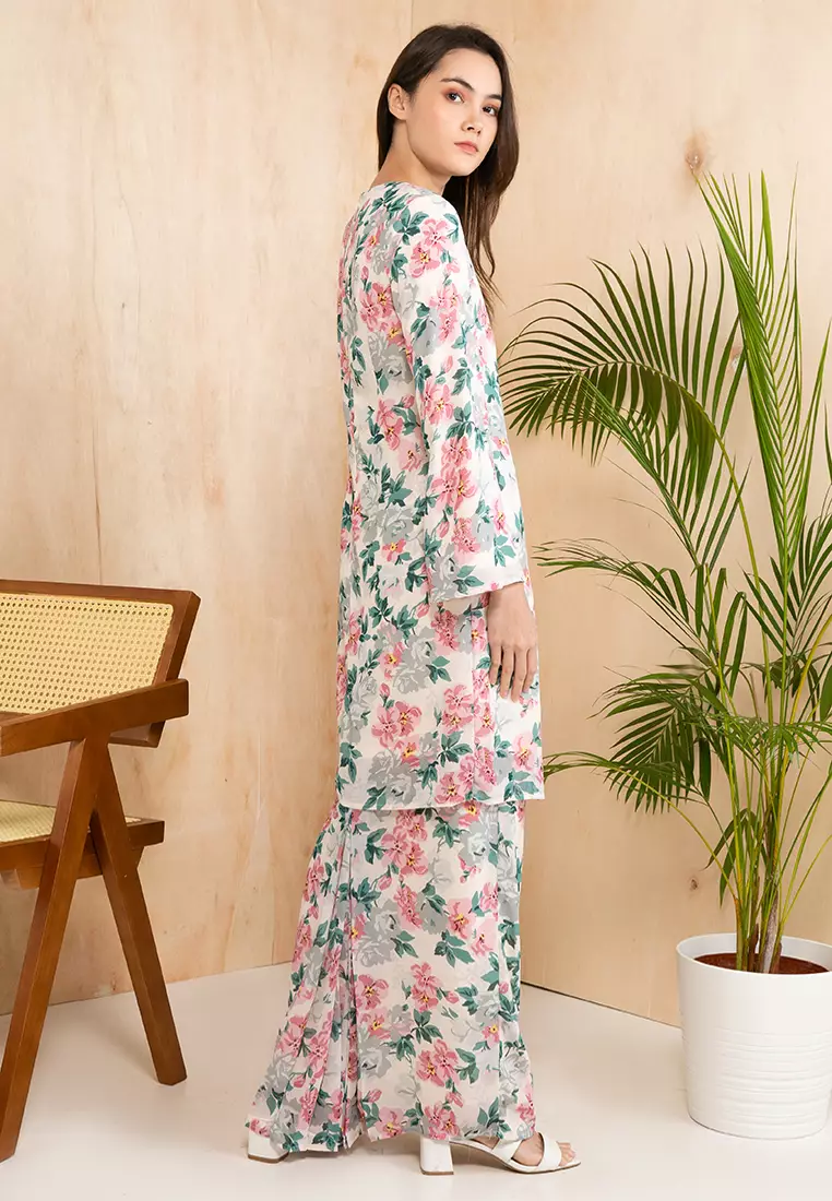 Buy Era Maya Garden Party Pink Floral Baju Kurung Moden Kain Kipas ...