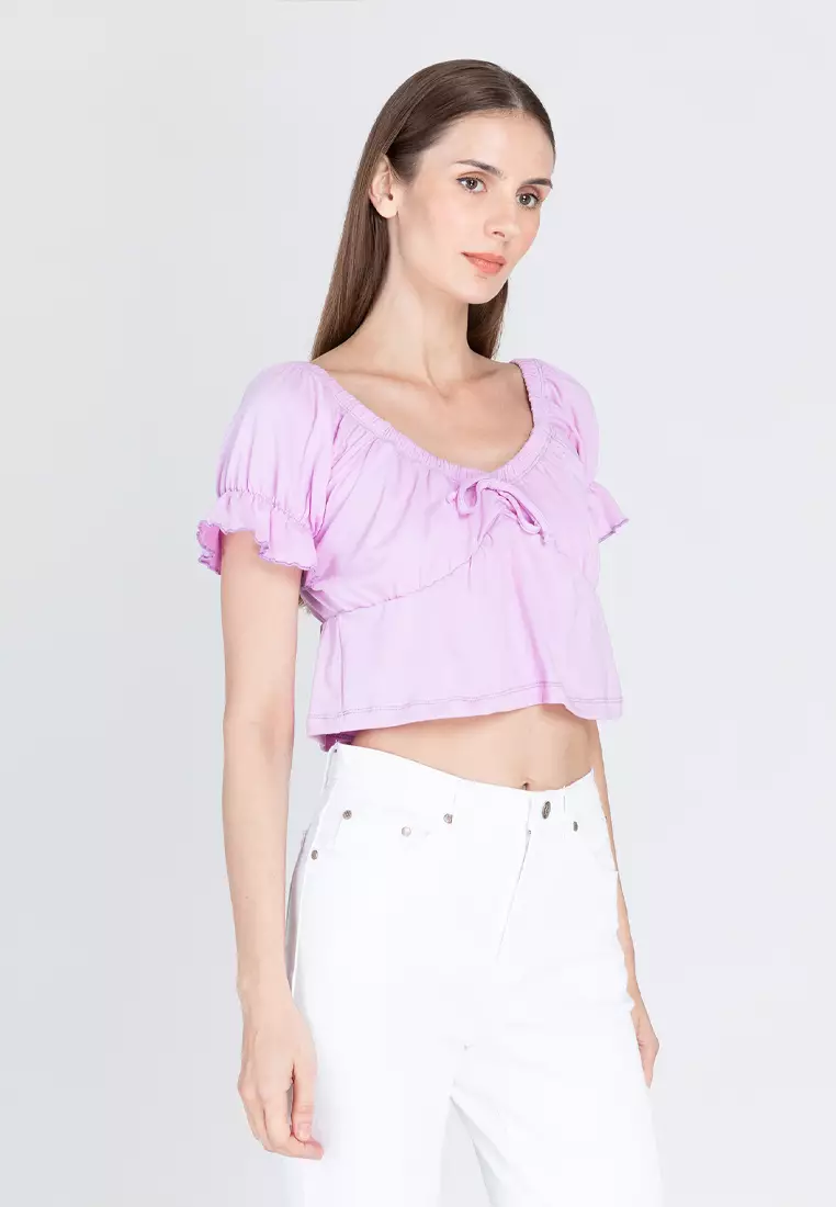 Buy NEXT Puff Sleeves Front Ribbon Crop Top (Lavender) 2025 Online ...