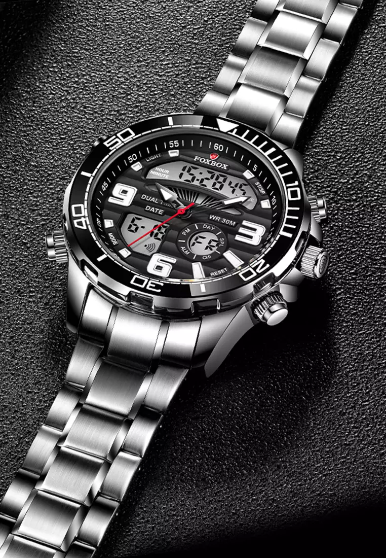 Buy LIGE FOXBOX Unisex Stainless Steel Diver's Analogue/Digital Quartz Watch, Black Dial ...