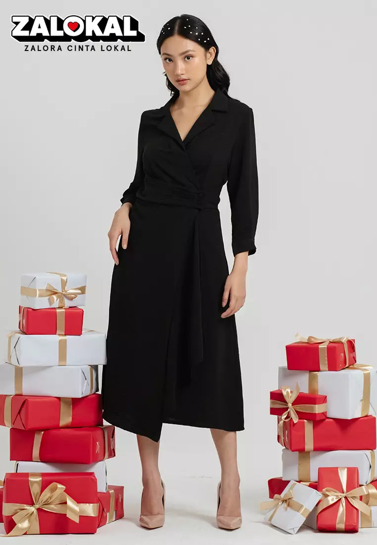 Jual Cloth Inc Overlap Drapery Midi Dress in Black Original 2025 ...