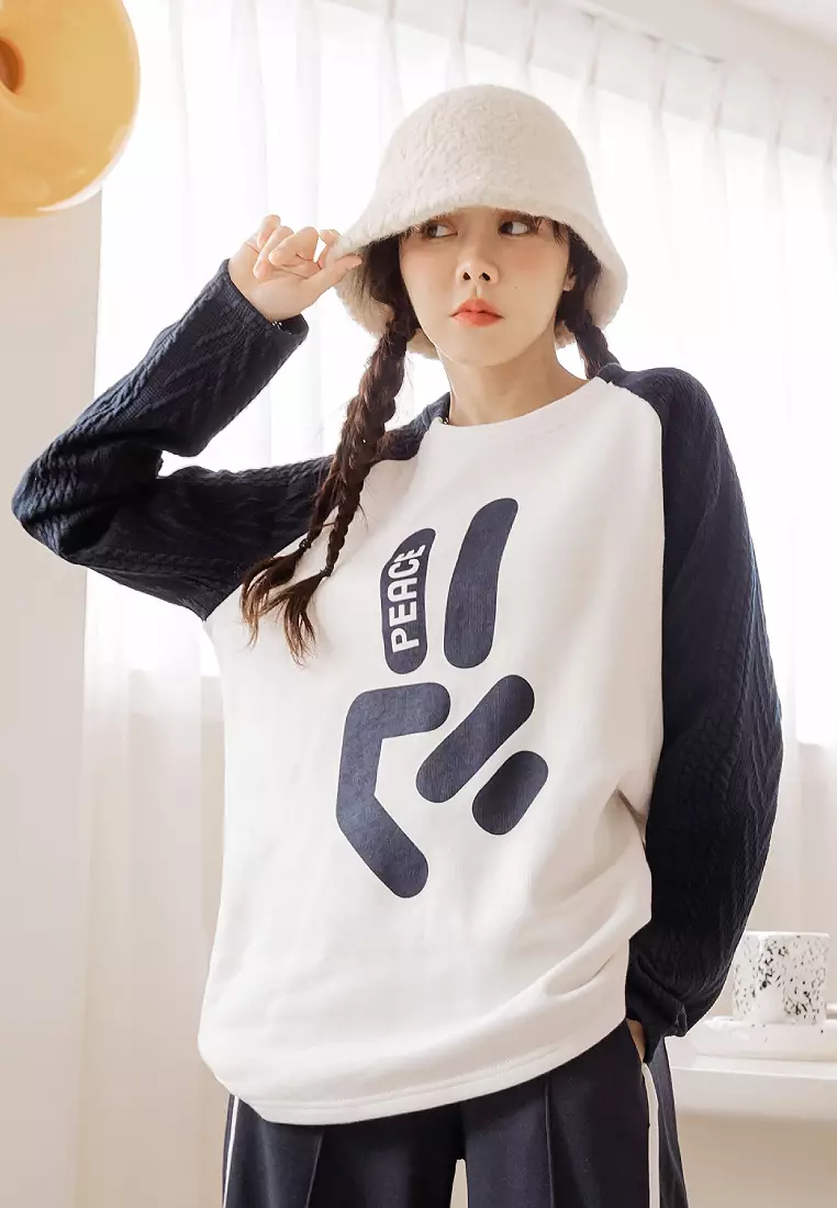 Buy OBSTYLE Textured Raglan Sleeve Printed Long Sleeve Top [AB19207 ...