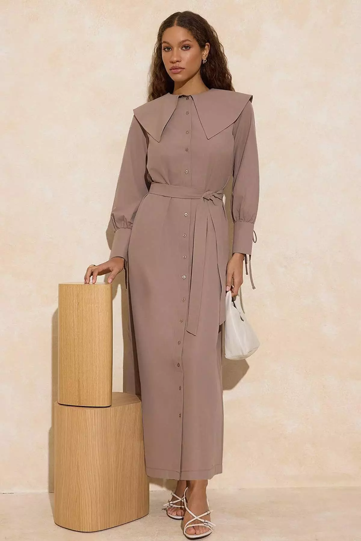 Buy Trendyol Mink Large Collar Cuff Lace-Up Cotton Dress Tctss26Eb00001 ...